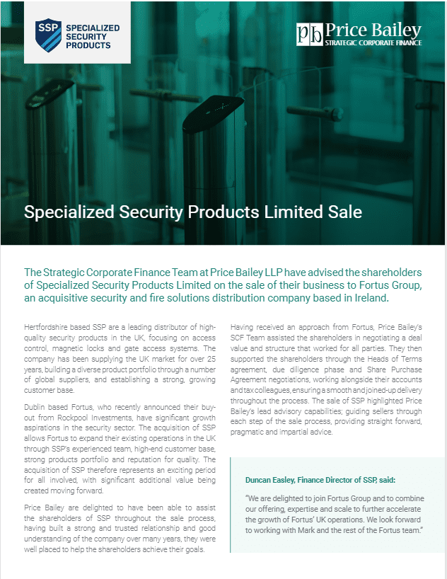 Price Bailey advise on sale of Specialized Security Products Ltd.